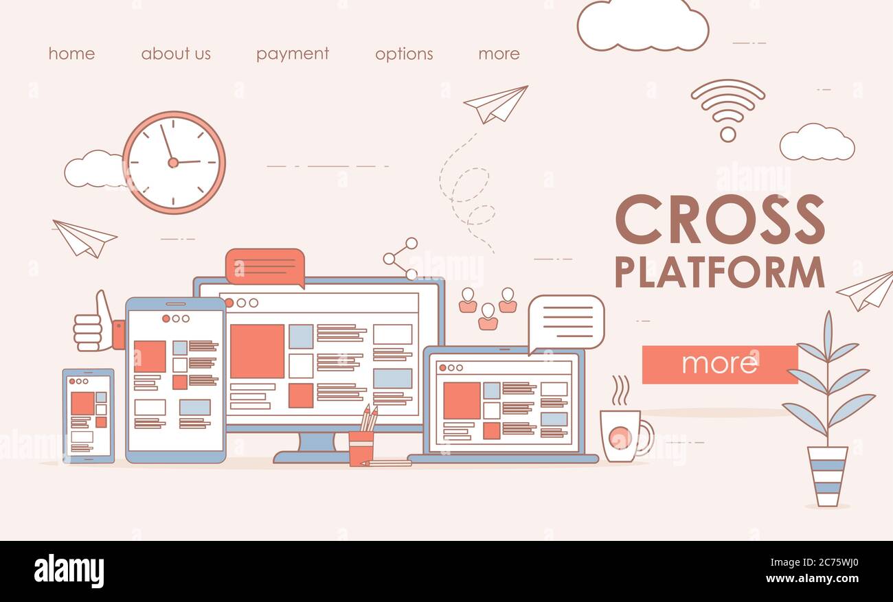 Cross platform software landing page design. Computer, laptop, tablet ...