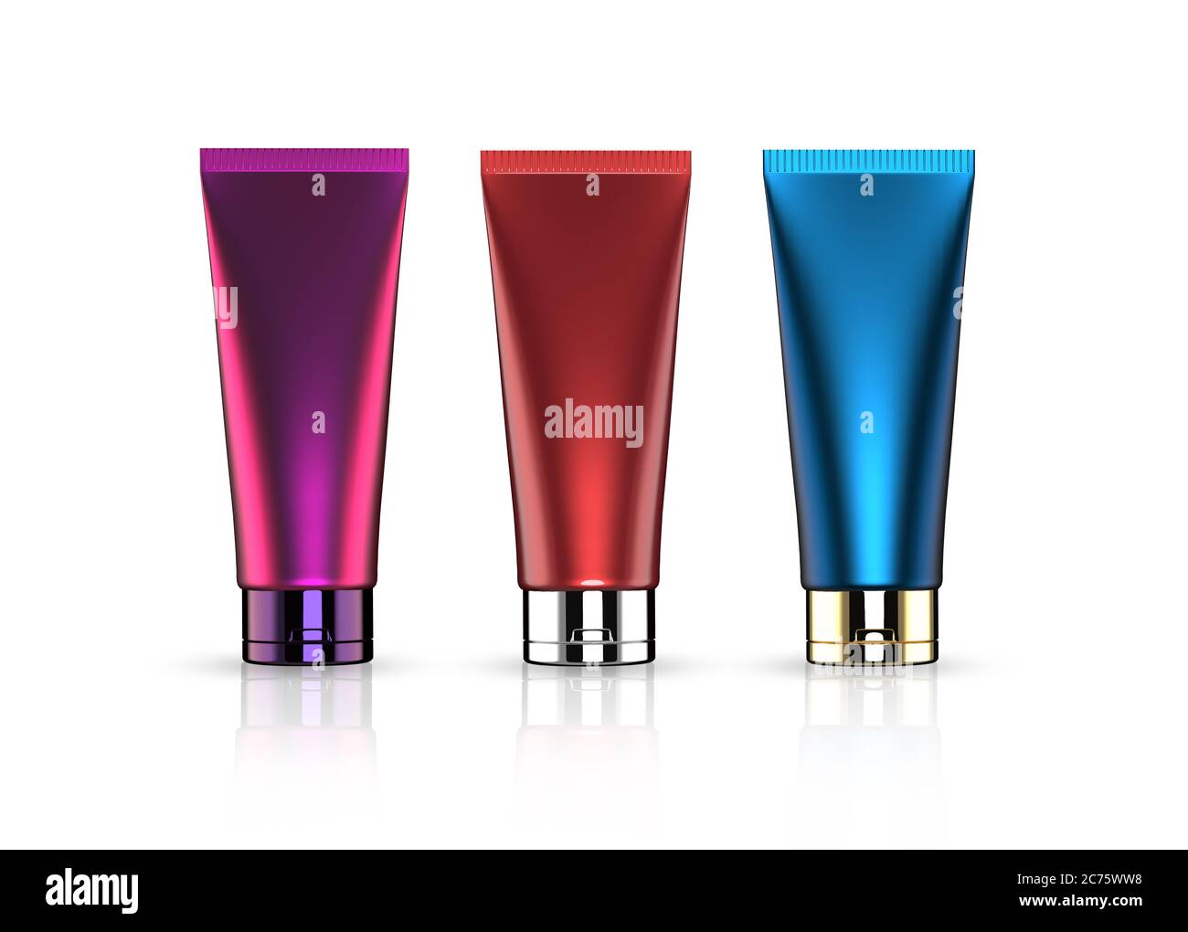 3d render. Set with three multi-colored tubes of cosmetic product ...