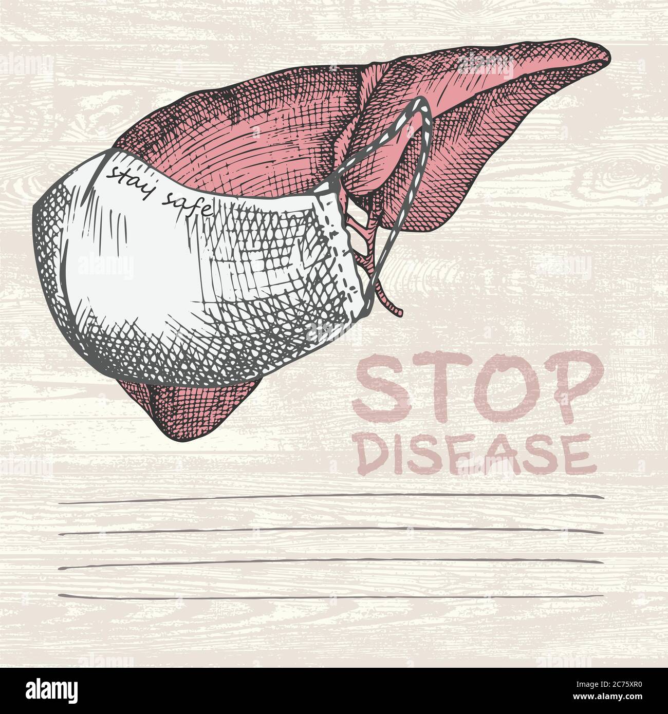 Liver with medical mask Diary page Realistic hand-drawn human internal ...