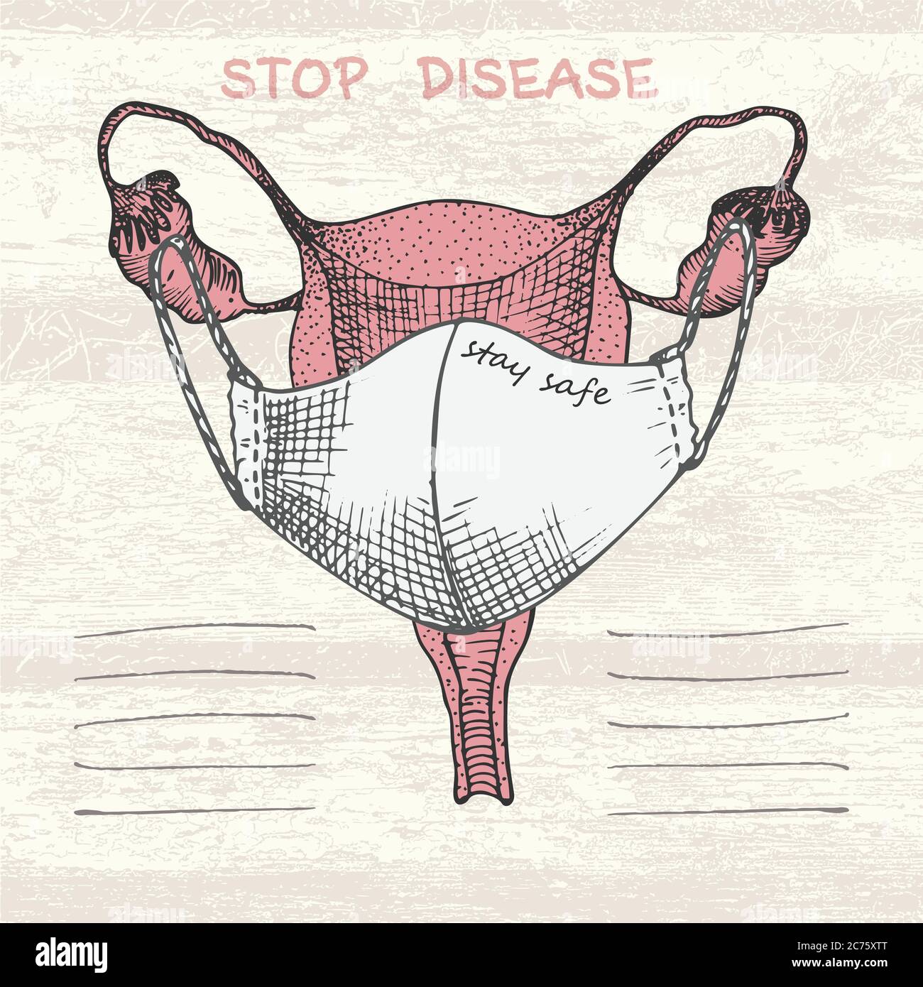 Uterus with medical mask Diary page Realistic hand-drawn human internal ...