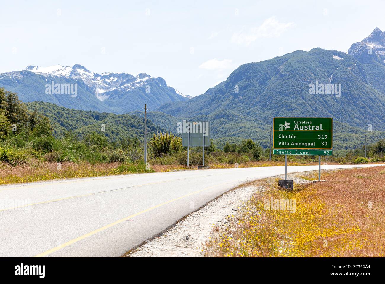 Sign of Carretera Austral Route - Mountais at background - Coyhaique ...