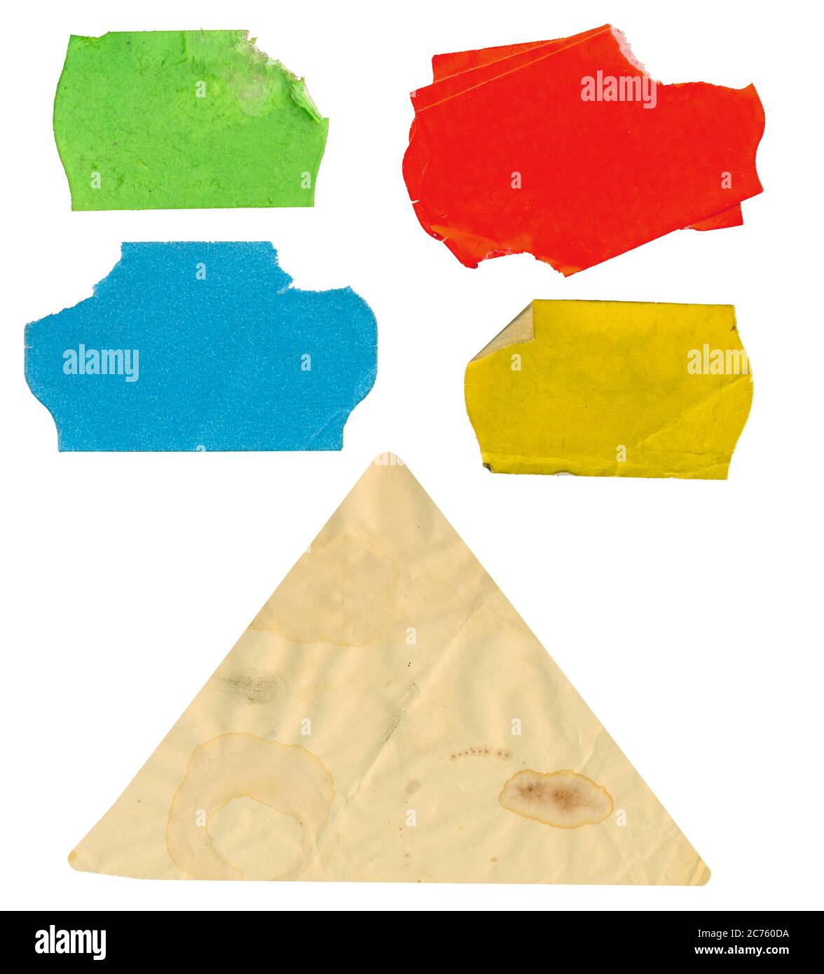 set of empty grungy adhesive price stickers, multicolored price tags ...