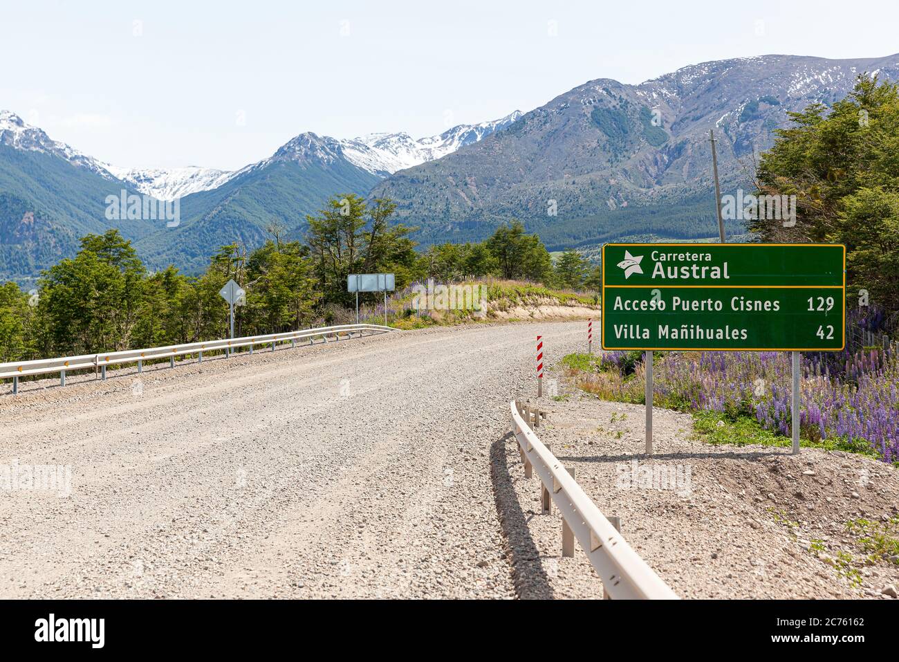 Sign of Carretera Austral Route - Mountais at background - Coyhaique ...