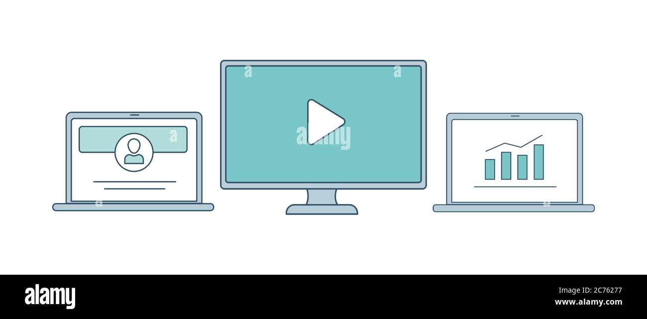 Laptop, computer, and notebook screens with rising bar graph, play sign ...