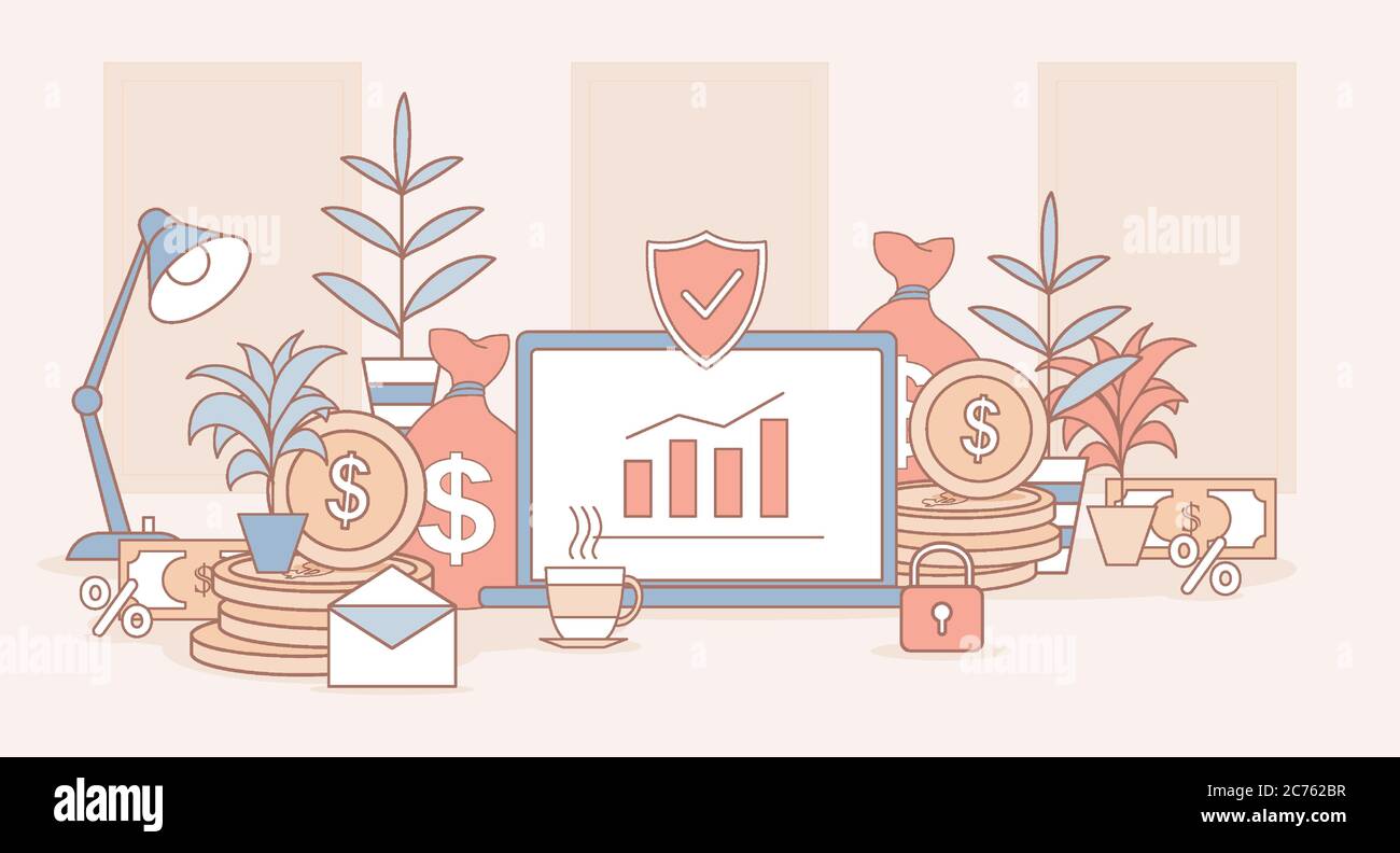 Investing application vector cartoon outline illustration. Laptop ...