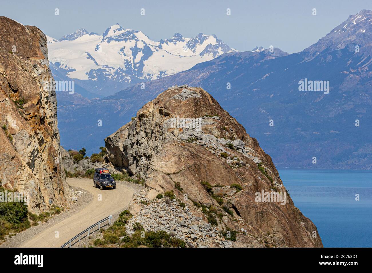 Tourist driving at route 265 and General Carrera lake - Chile Chico ...
