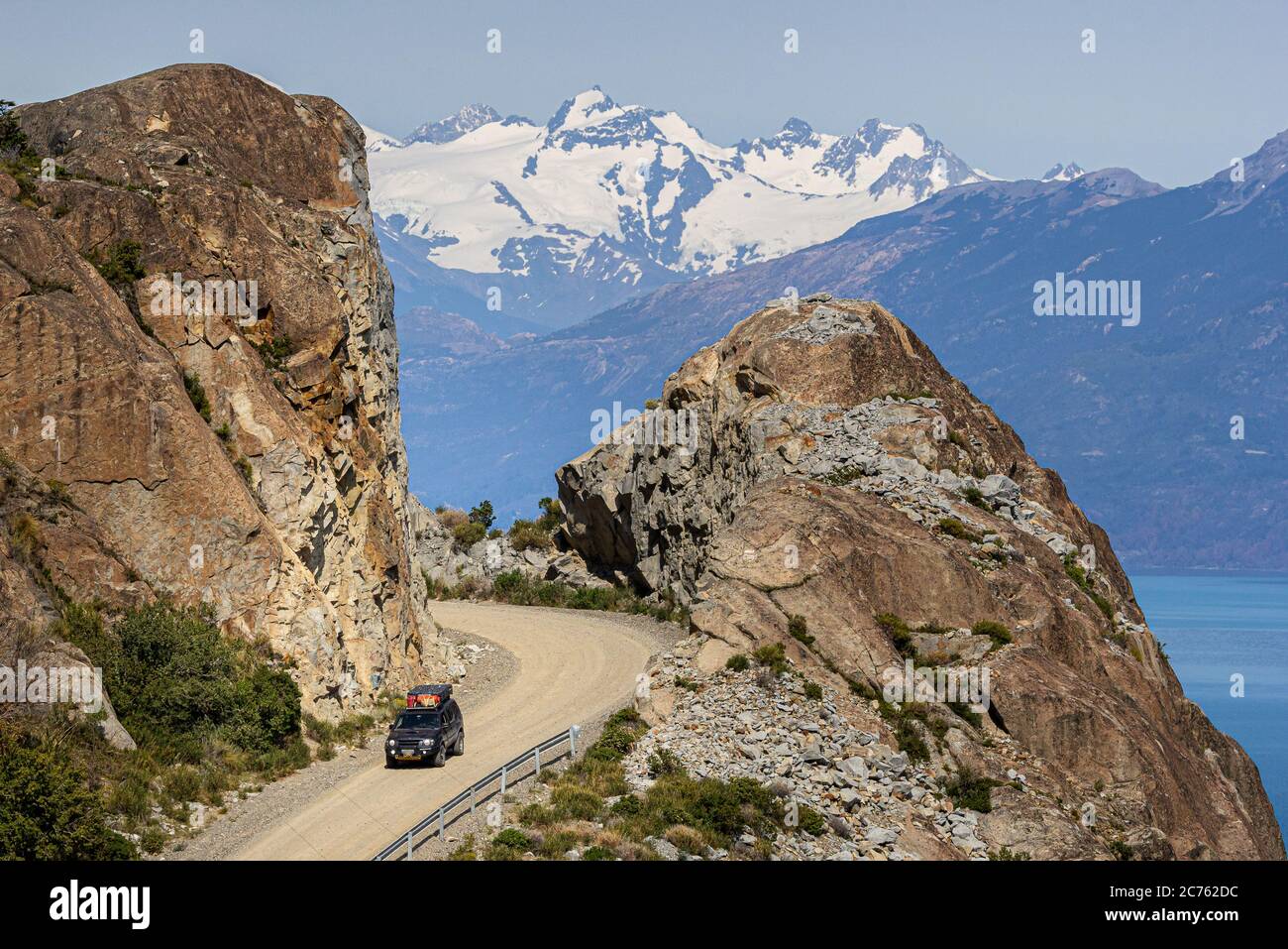 Tourist driving at route 265 and General Carrera lake - Chile Chico ...
