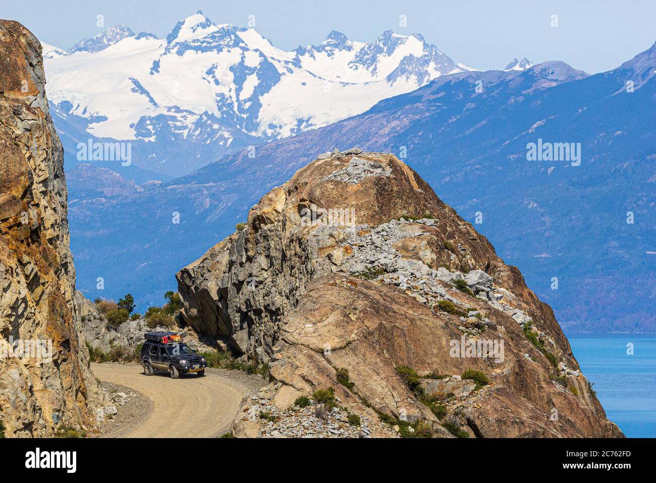 Tourist driving at route 265 and General Carrera lake - Chile Chico ...