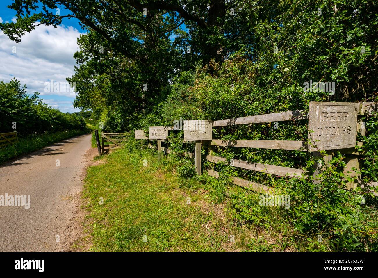 Quirky wooden signs warning of speed bump with anagrams on country lane ...
