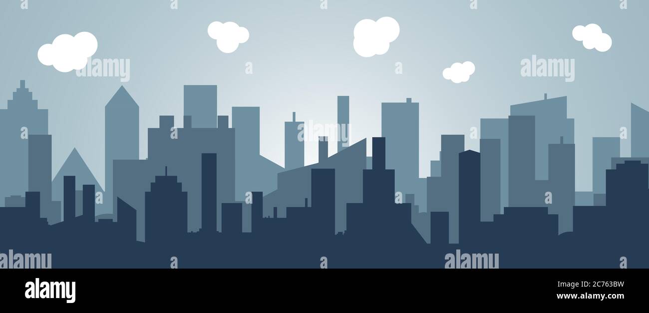 Silhouette of the cartoon city on shadow backgound. Urban vector symbol ...