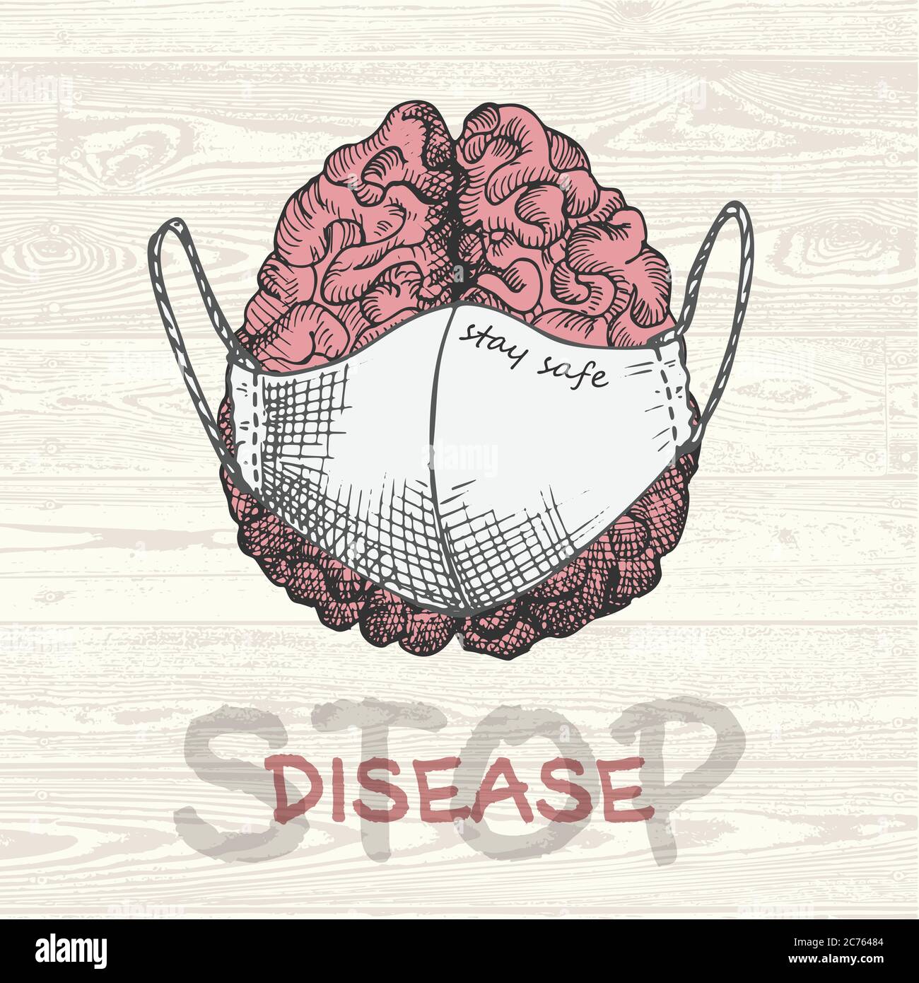 Brain with medical mask. Diary page Realistic hand-drawn human internal ...