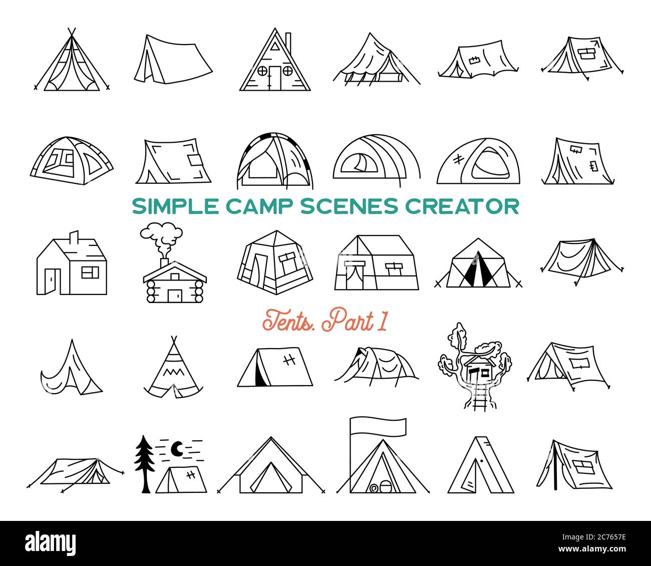 Vintage hand drawn tents icons bundle. Simple line art graphics ...