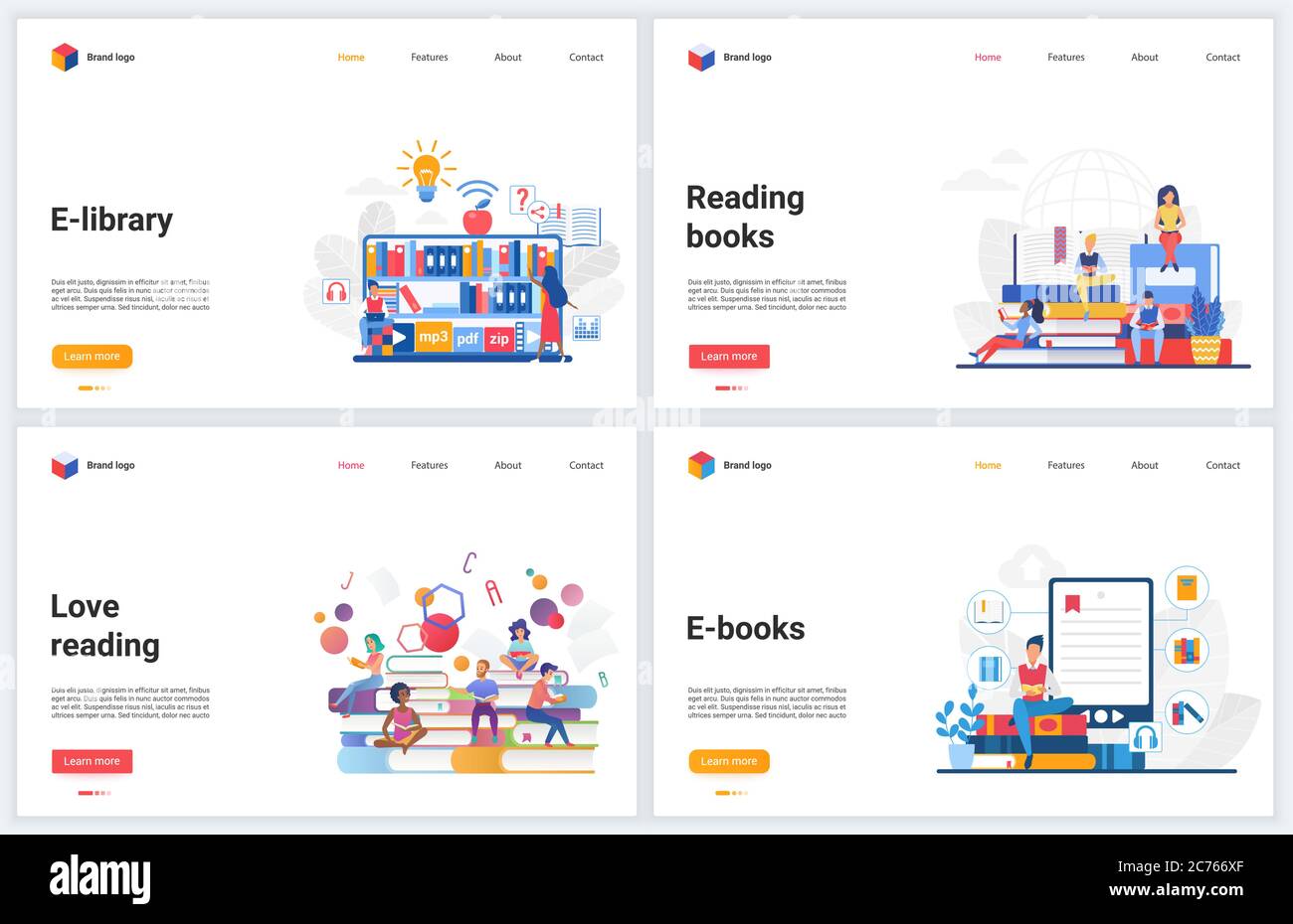 Reading books online technology vector illustration set. Website ...