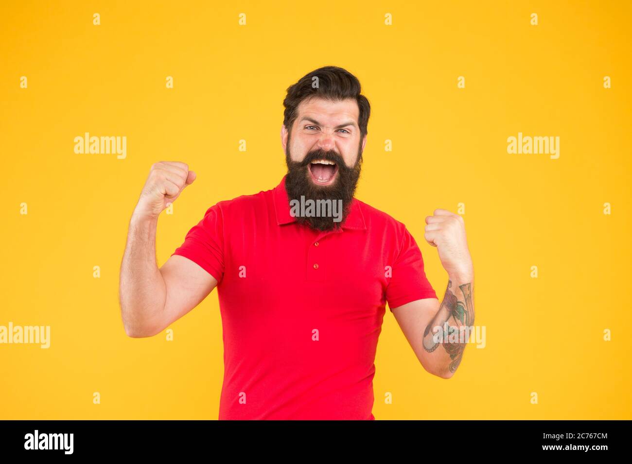 Inner energy. Motivated for success. Happy man show success gesture ...