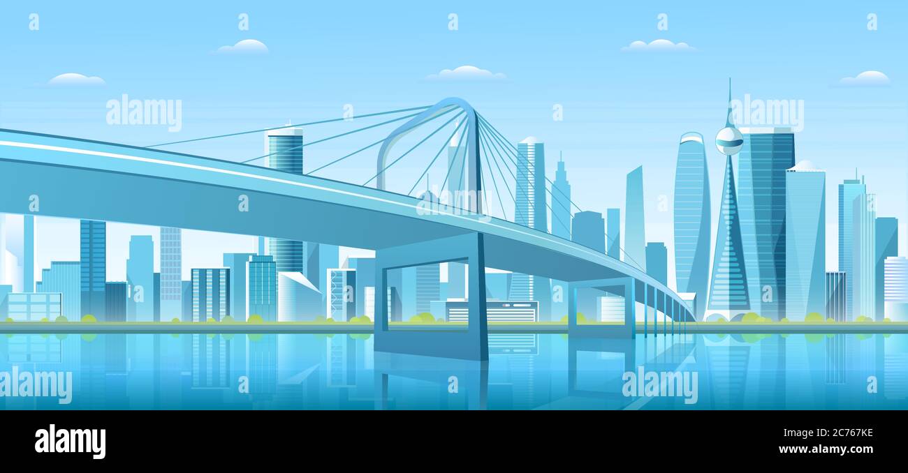 City bridge over water bay vector illustration. Cartoon flat modern new ...