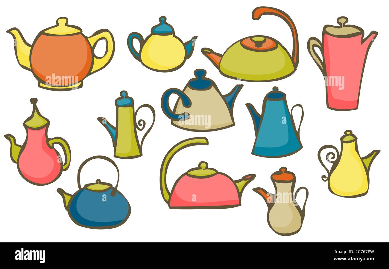 Collection of cute cartoon tea pots Stock Photo - Alamy