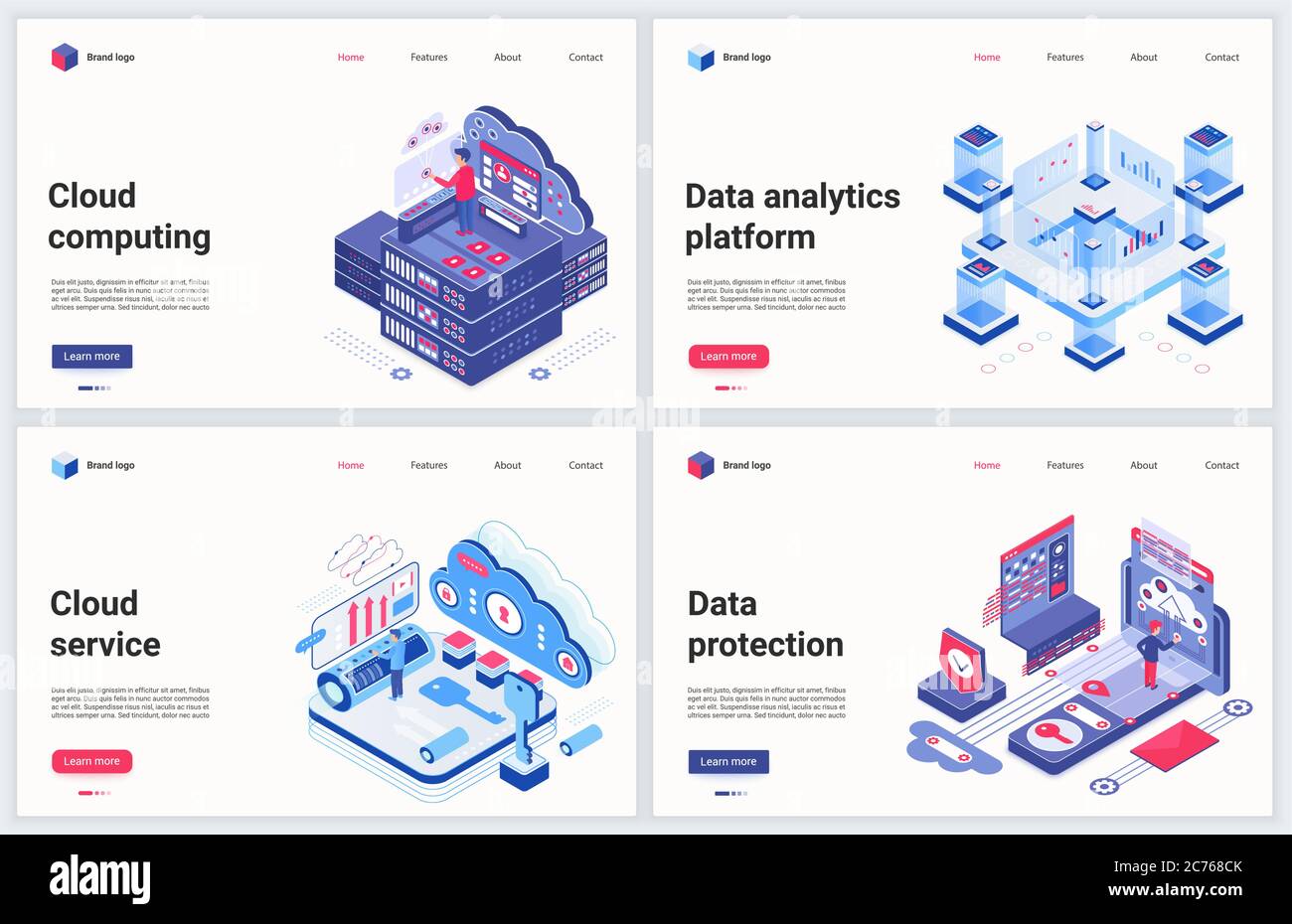 Isometric cloud data service vector illustration. Creative concept banner set, interface website ...