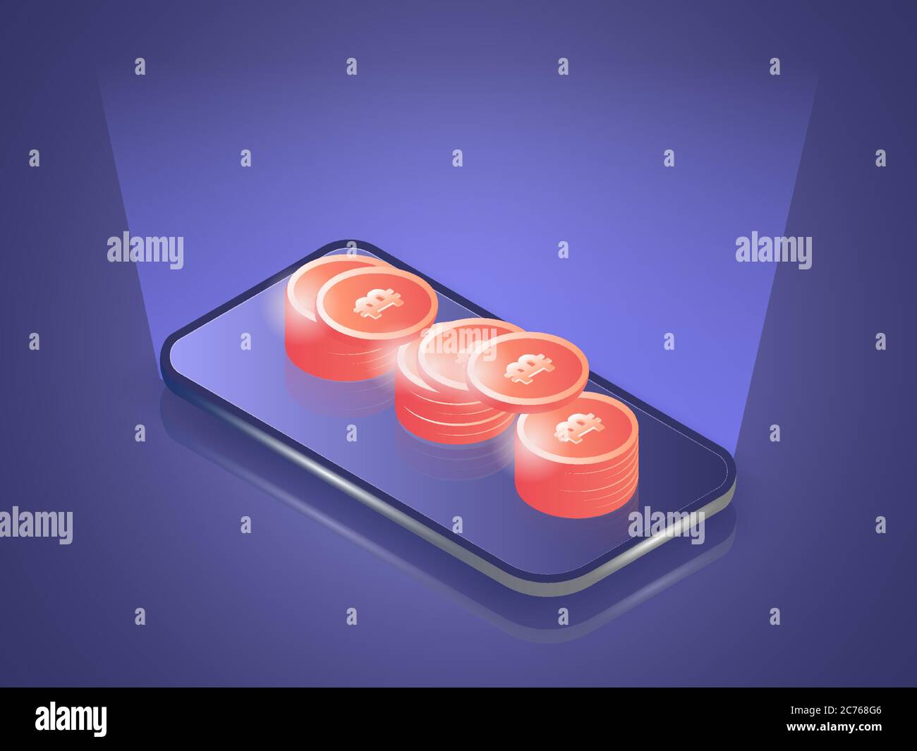 A bunch of bitcoins on smartphone mobile online. 3D vector isometric ...