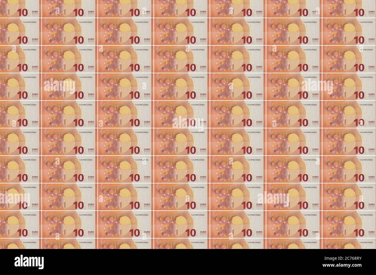 10 euro bills printed in money production conveyor. Collage of many ...