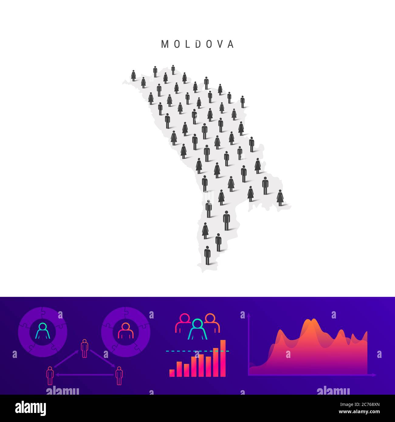 Moldova people map. Detailed silhouette. Mixed crowd of men and women ...