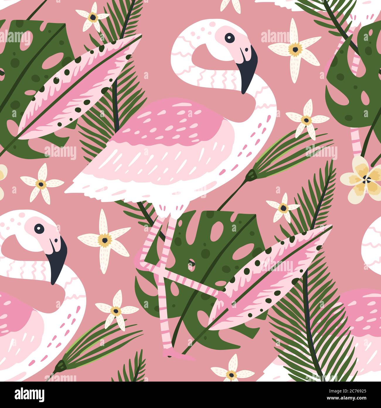 Tropical white flamingo bird seamless summer pattern. Exotic ornate ...