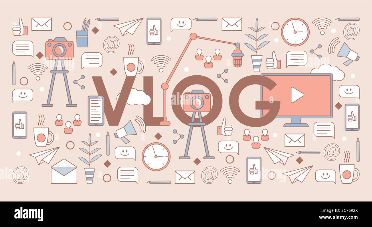 Vlog word banner template. Social media and online communication, video ...