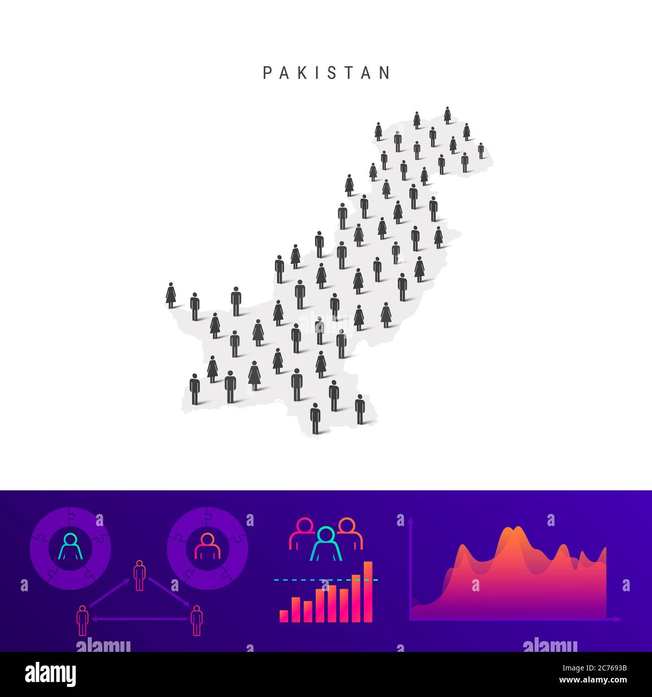 Pakistan people map. Detailed silhouette. Mixed crowd of men and women ...