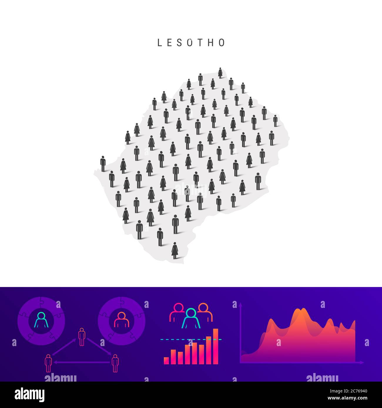 Lesotho people map. Detailed silhouette. Mixed crowd of men and women ...