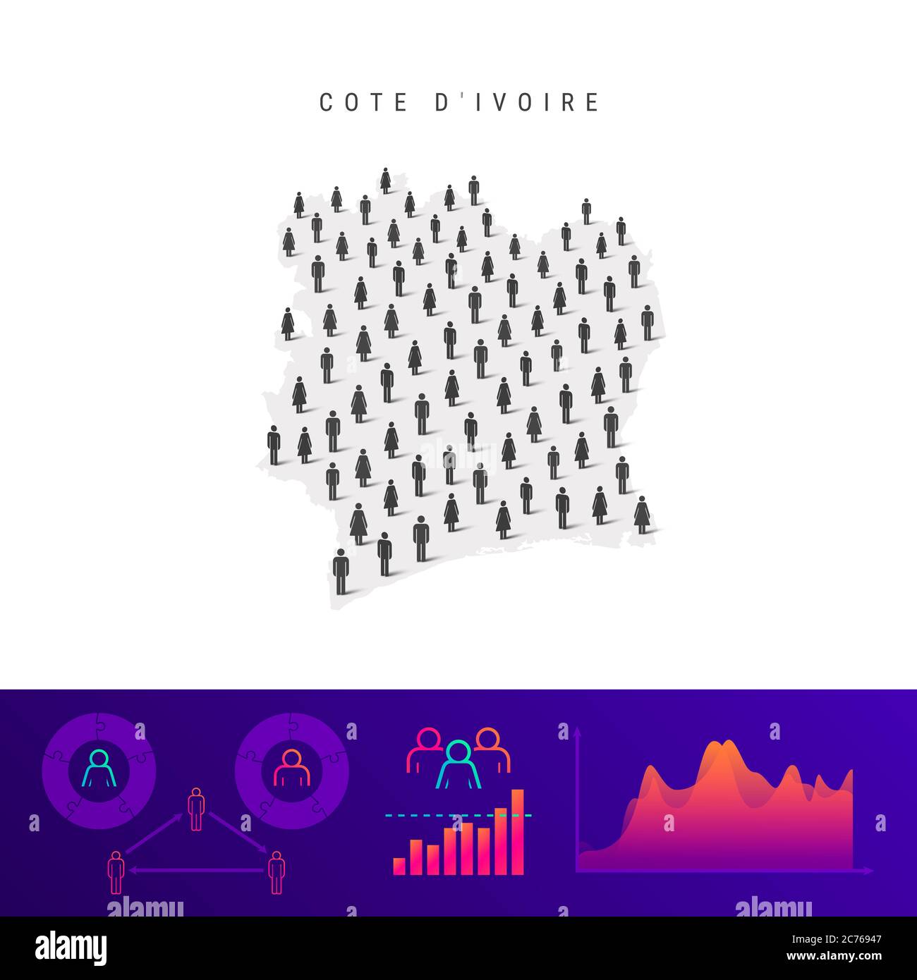 Cote d Ivoire or Ivory Coast people map. Detailed silhouette. Mixed ...