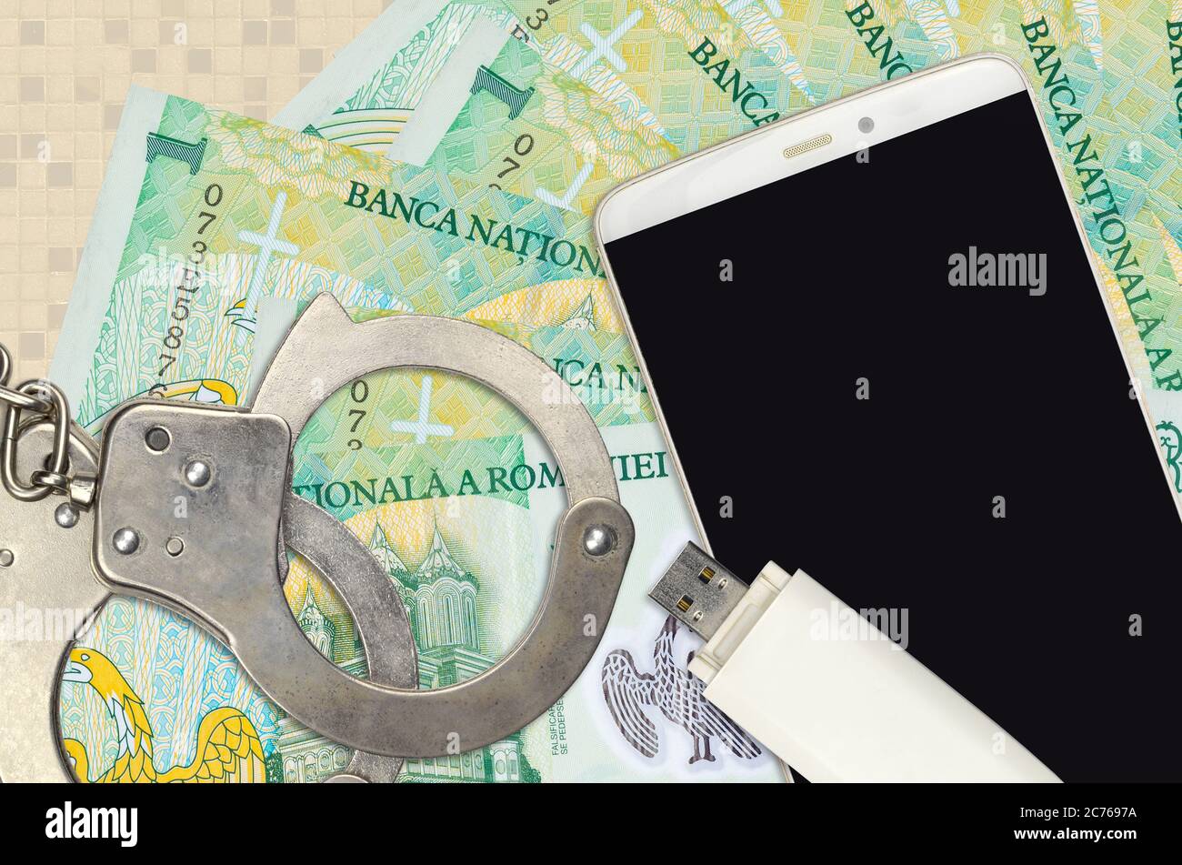 1 Romanian leu bills and smartphone with police handcuffs. Concept of ...