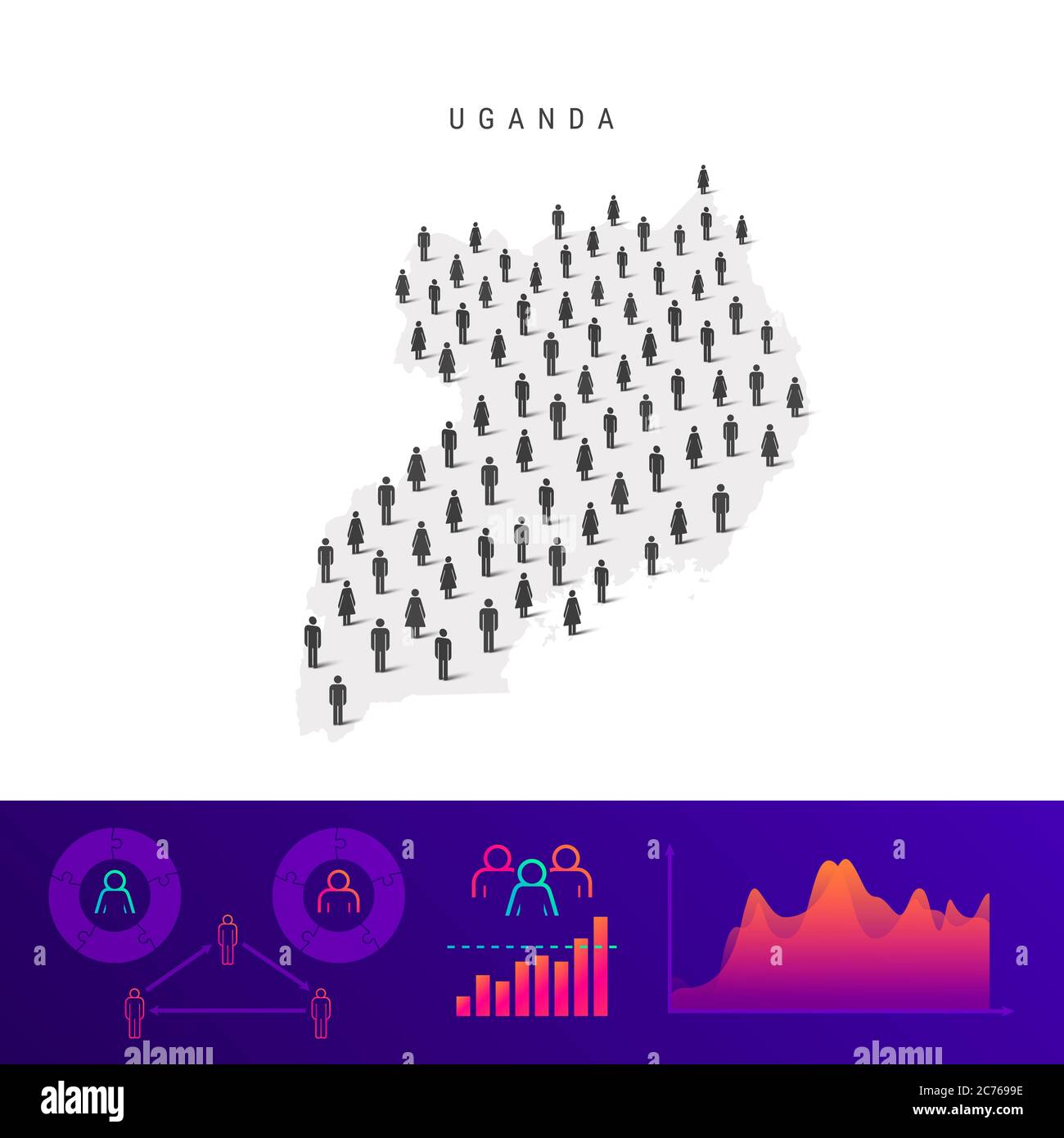 Uganda people map. Detailed silhouette. Mixed crowd of men and women ...
