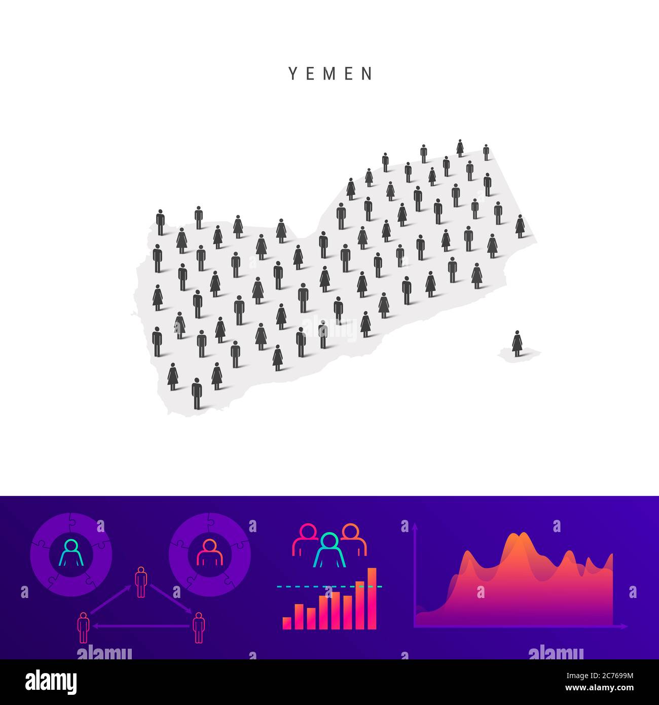 Yemen people map. Detailed silhouette. Mixed crowd of men and women ...