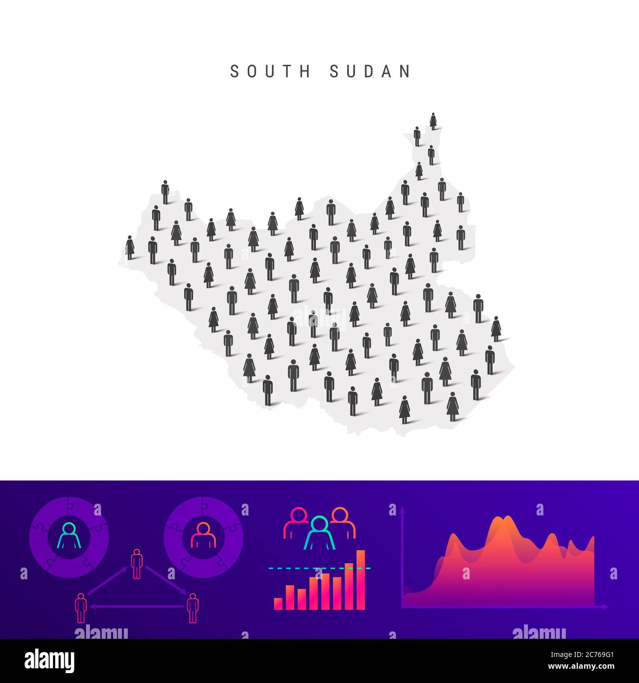 South Sudan people map. Detailed silhouette. Mixed crowd of men and ...