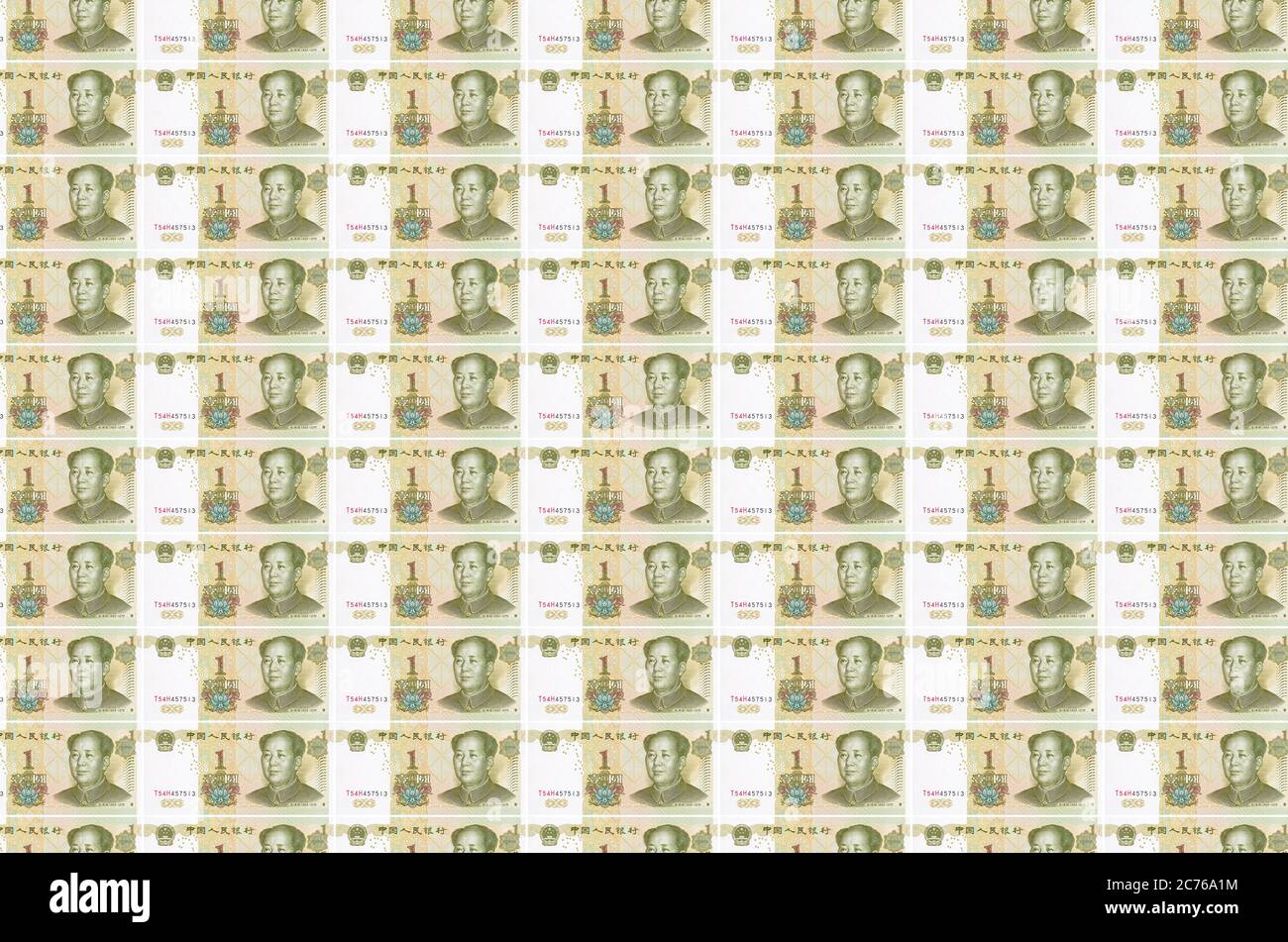 1 Chinese yuan bills printed in money production conveyor. Collage of ...