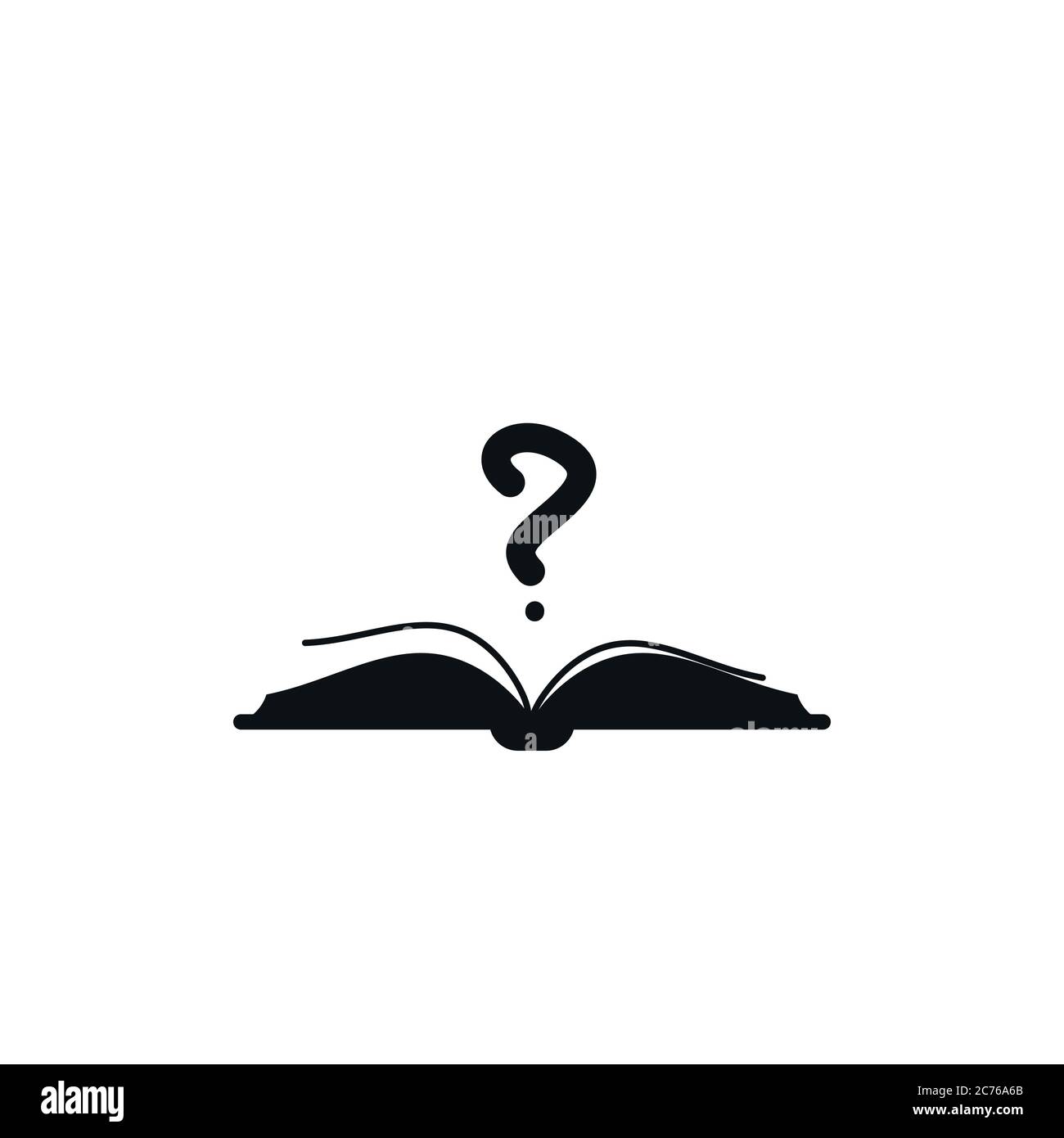 Open black book with black question mark flying out. Isolated on white background. Flat vector ...