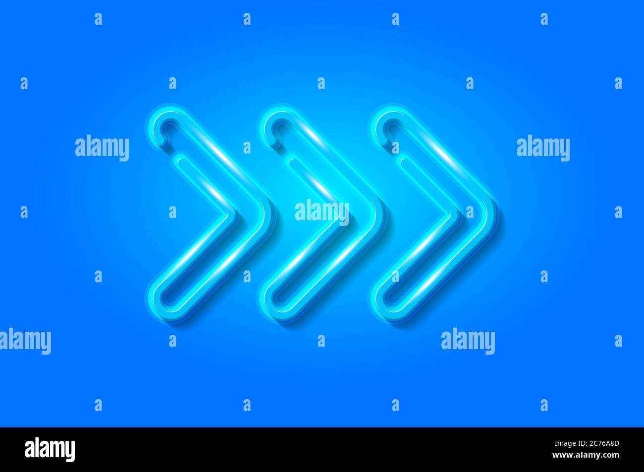 Triple right arrows glowing 3D symbol, card template. Realistic ...