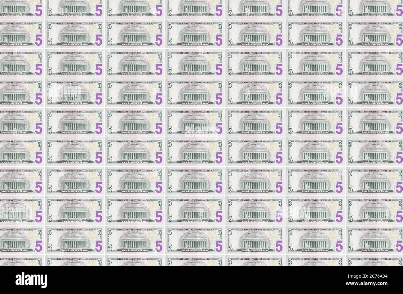 5 US dollars bills printed in money production conveyor. Collage of ...