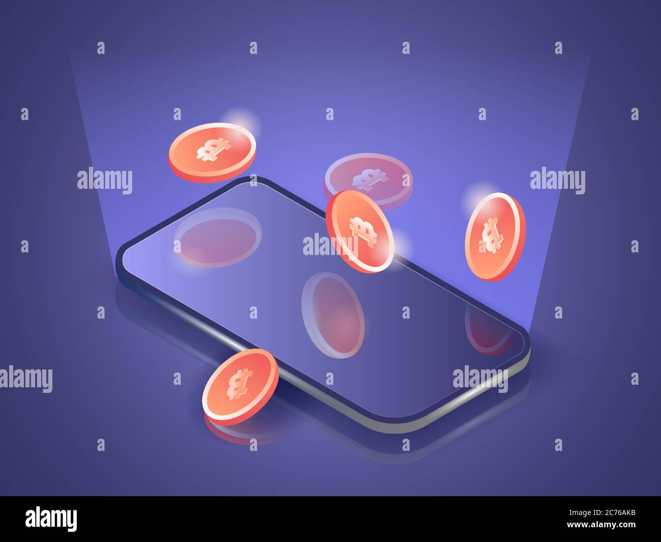 A bunch of bitcoins on smartphone mobile online. 3D vector isometric ...