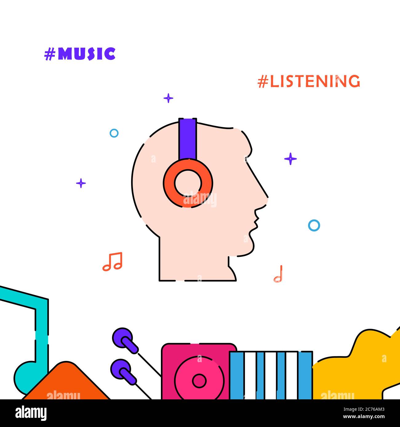 Head in headphones filled line icon, simple illustration, related ...