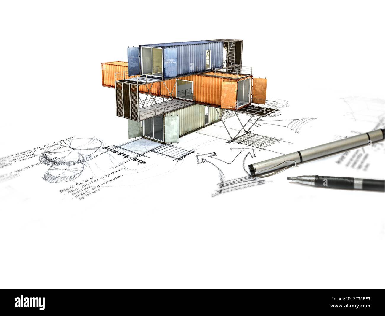 3Ds building transform from hand sketch Stock Photo - Alamy
