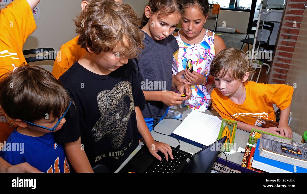 Brooklyn, New York. Kids technology camp. Kids working on computer ...