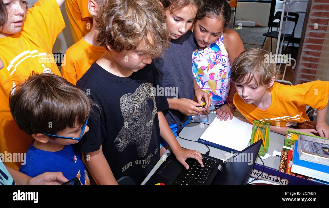 Brooklyn, New York. Kids technology camp. Kids working on computer ...