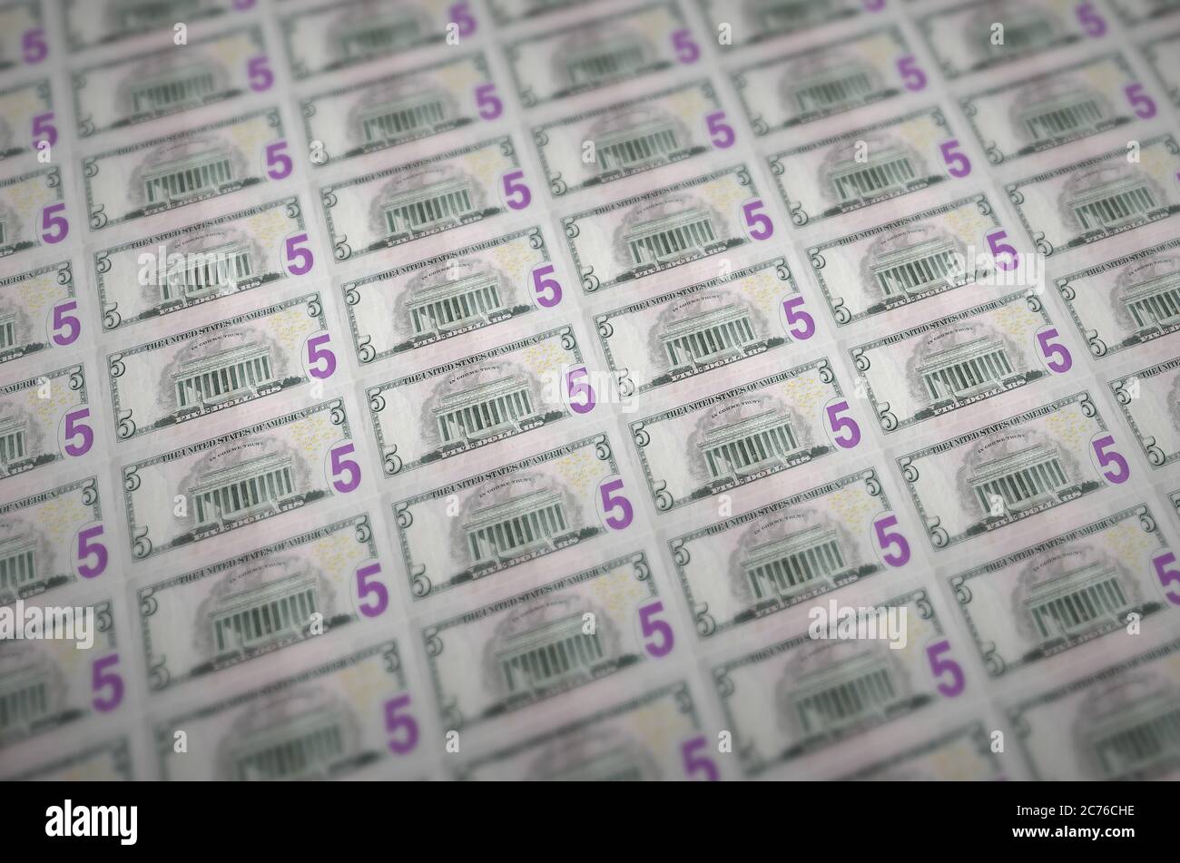 5 US dollars bills printed in illegal money production conveyor ...