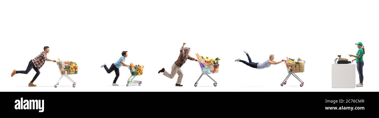 Line of people in a supermarket running to the cash register with ...