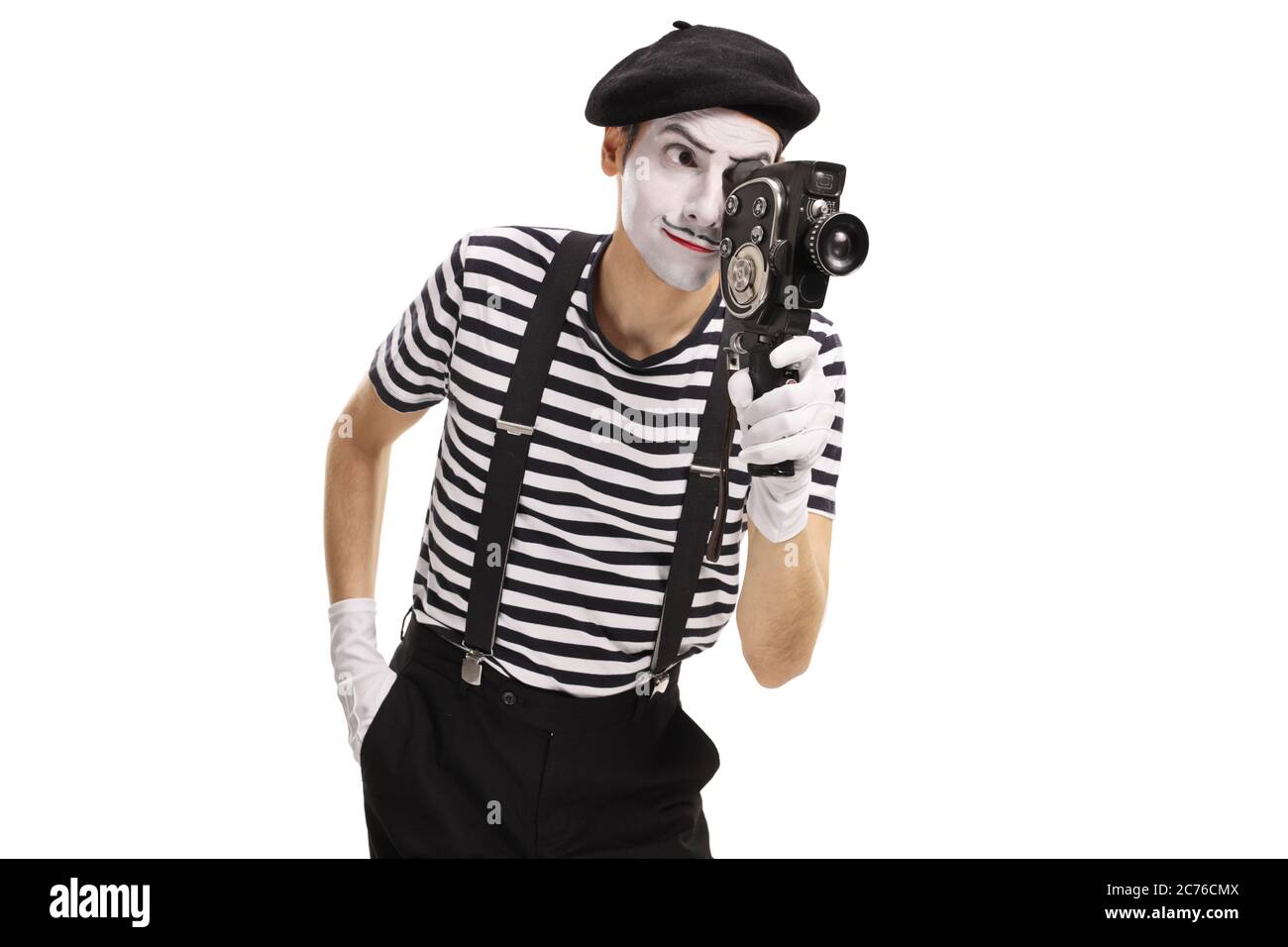 Mime recording with a vintage camera isolated on white background Stock ...