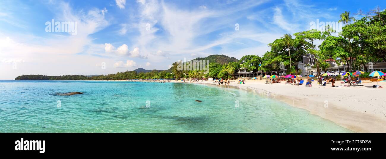 Tropical beach landscape panorama. Beautiful turquoise sea waves with ...