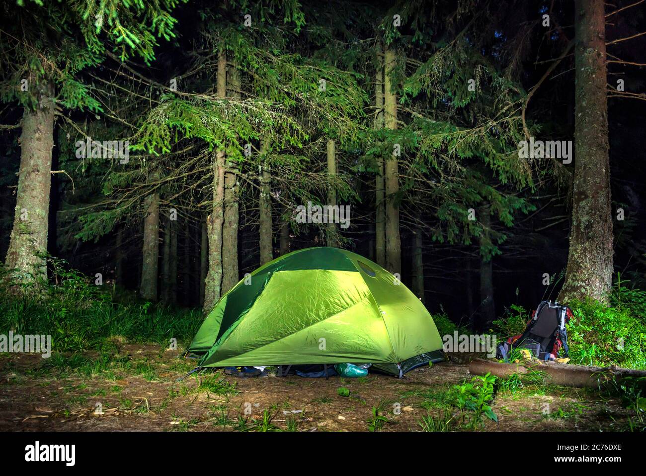 Camping in the forest. Green illuminated tent under dark night trees ...
