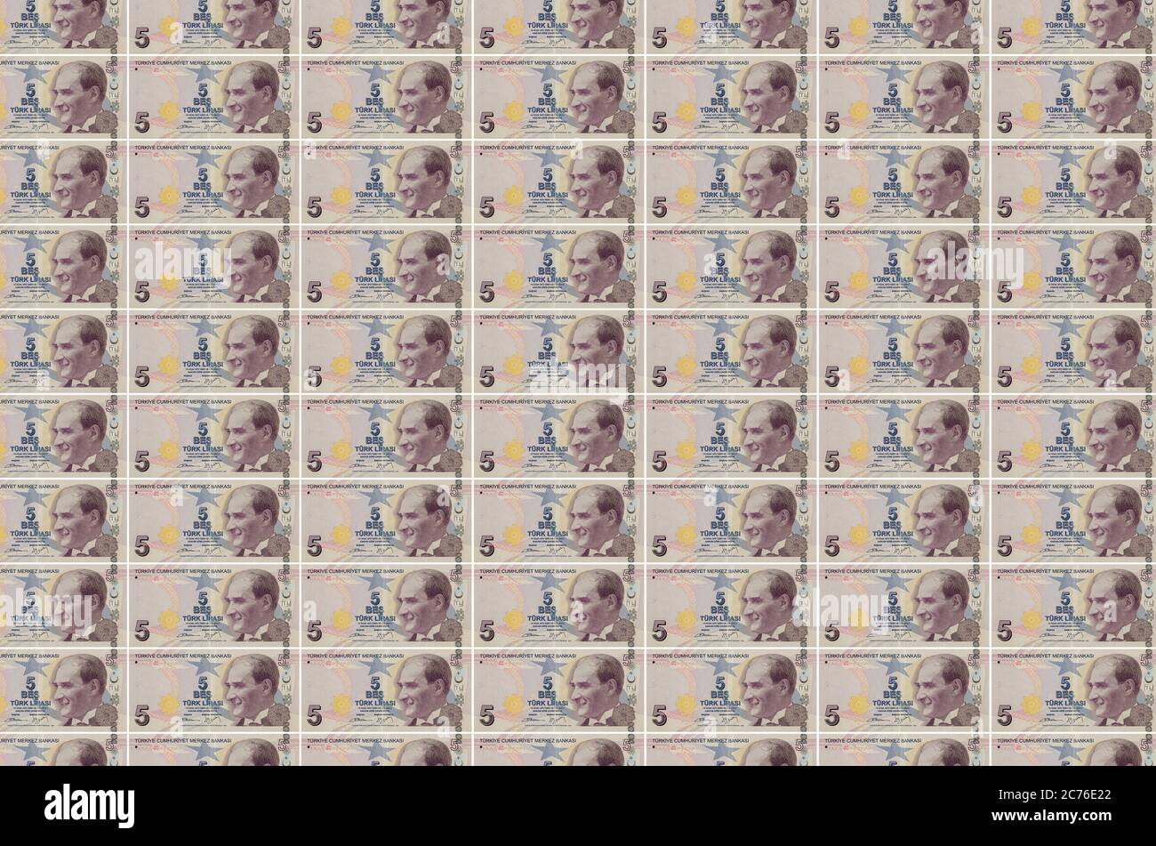5 Turkish lira bills printed in money production conveyor. Collage of ...