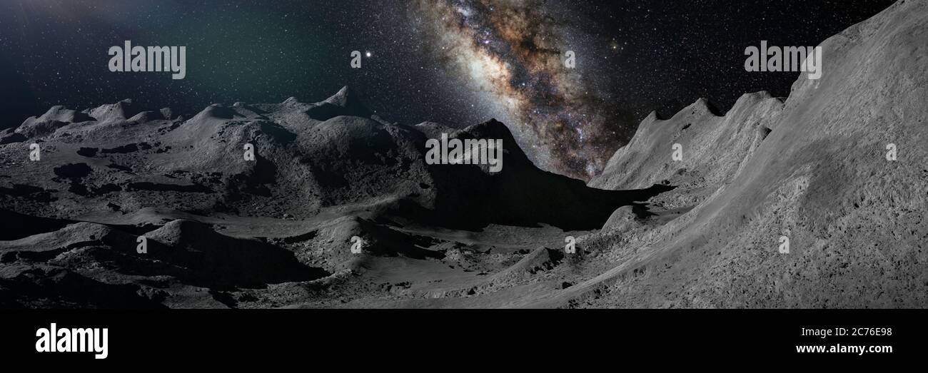 Moon surface, lunar landscape with the Milky Way galaxy over the ...