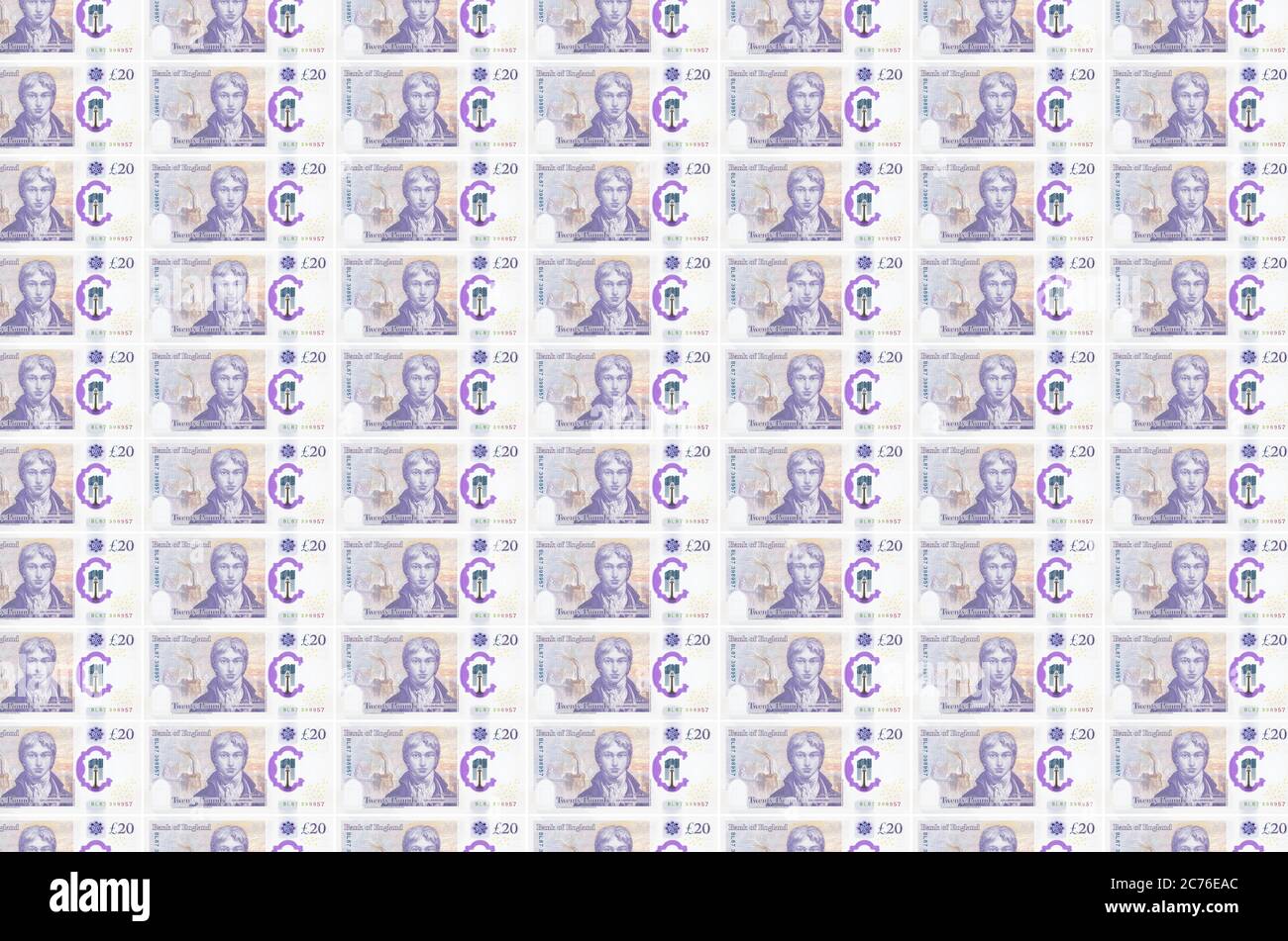 20 British pounds bills printed in money production conveyor. Collage ...